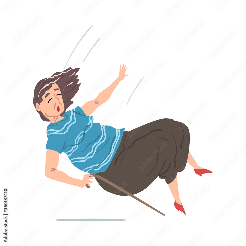 Elderly Woman with Walking Cane Falling Down on the Floor, Retired ...