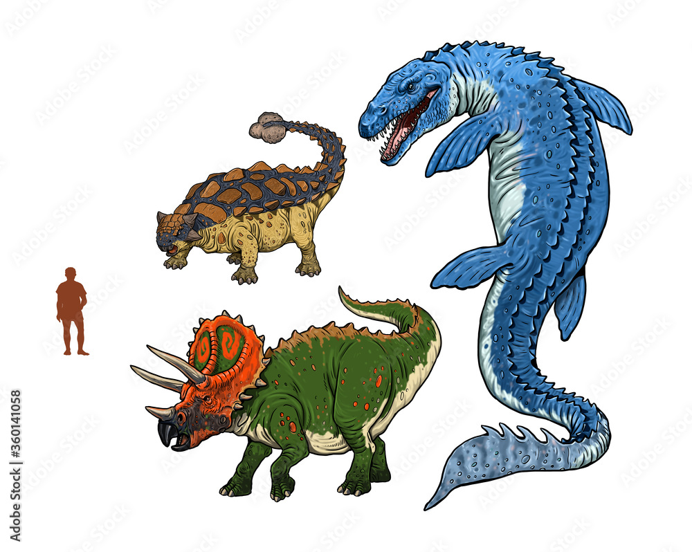Set of 3 dinosaurs. Comparison between dinosaurs and human. Mosasaurus ...