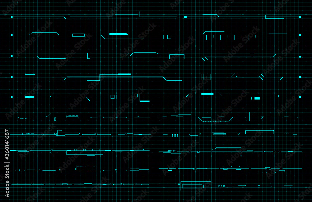 Set of HUD futuristic header, footer and line elements on dark hi tech ...