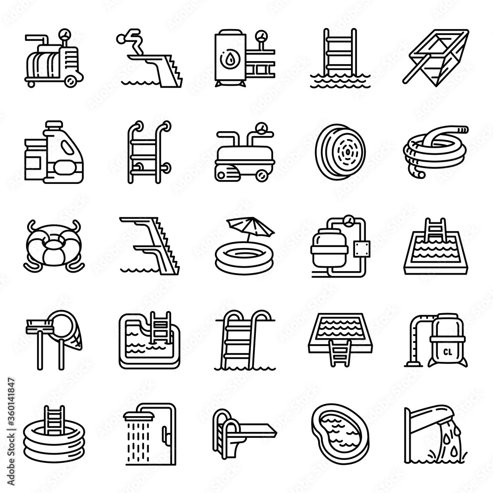Pool equipment icons set. Outline set of pool equipment vector icons ...