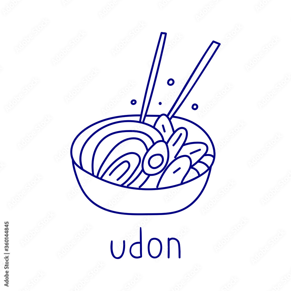 Udon. Noodle soup. Vector hand drawn outline badge illustration ...