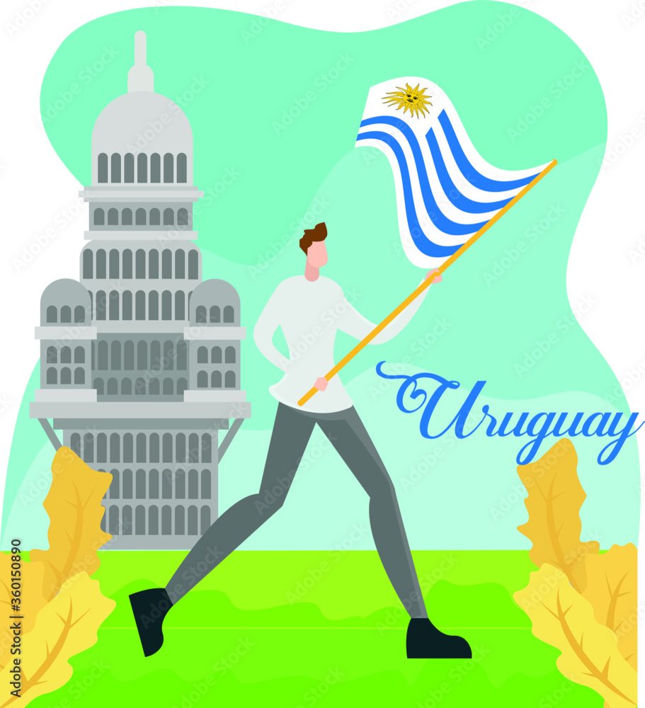 Palacio Salvo vector concept: man waving around Uruguay national flag ...