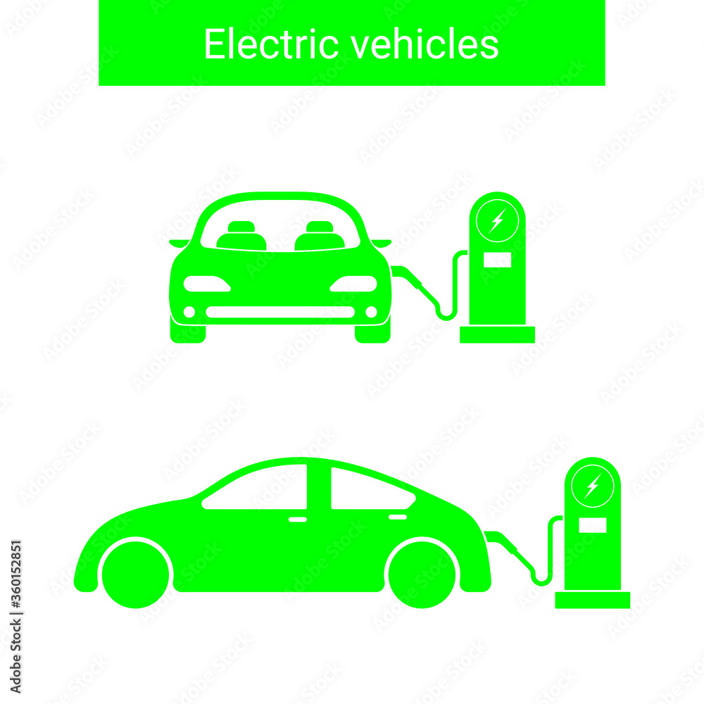 Electric car with plug symbol and electrical charging station icon ...