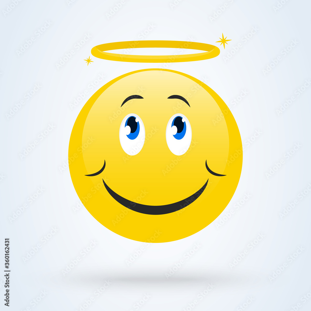 Cute angel emoticon illustration. Smiling face with angel halo emoji ...