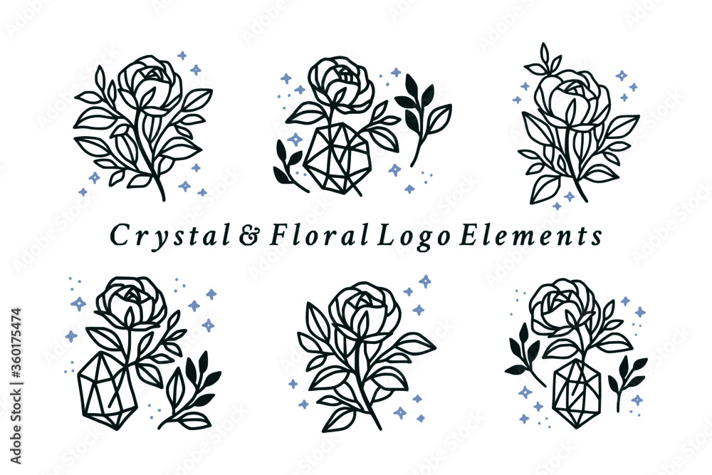 collection of hand drawn vintage and aesthetic crystal and rose flower ...