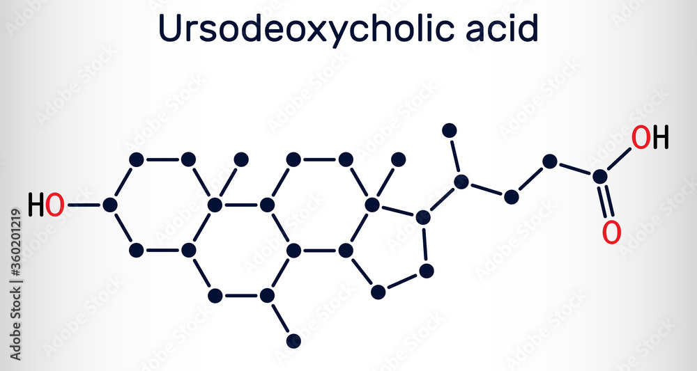 Ursodeoxycholic acid, ursodiol, UDCA molecule. It is used as cholagogue ...