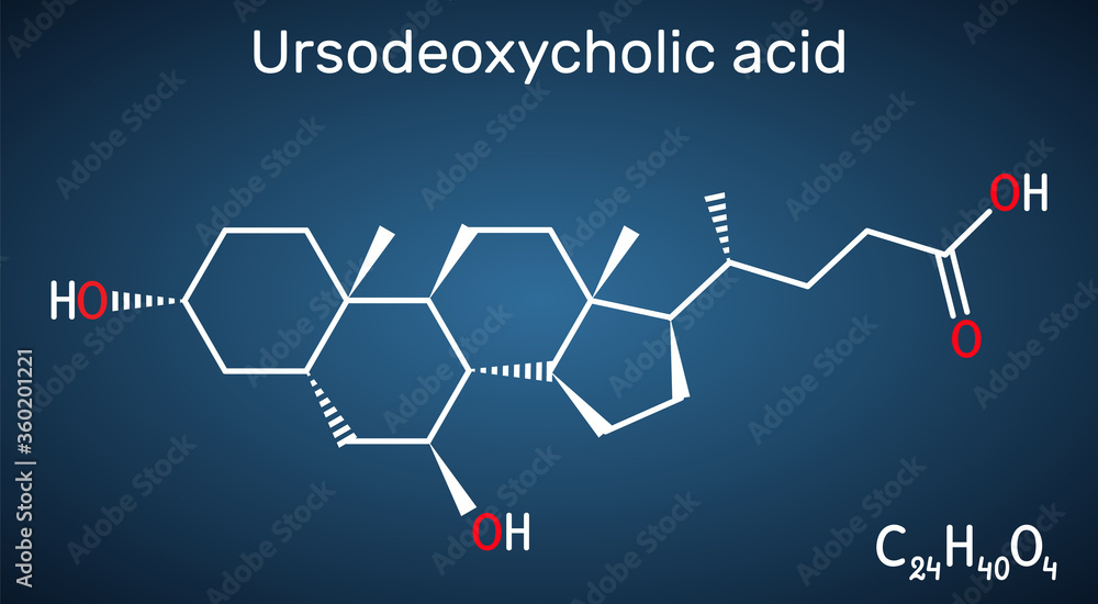 Ursodeoxycholic acid, ursodiol, UDCA molecule. It is used as cholagogue ...