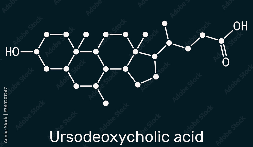 Ursodeoxycholic acid, ursodiol, UDCA molecule. It is used as cholagogue ...