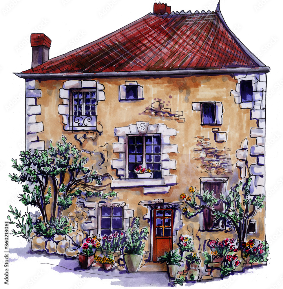 French architecture. Cozy Old French house covered with greenery and ...