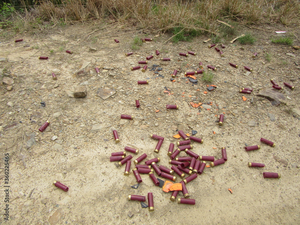 Abandoned spent shotgun shells left laying on the ground Stock Photo ...