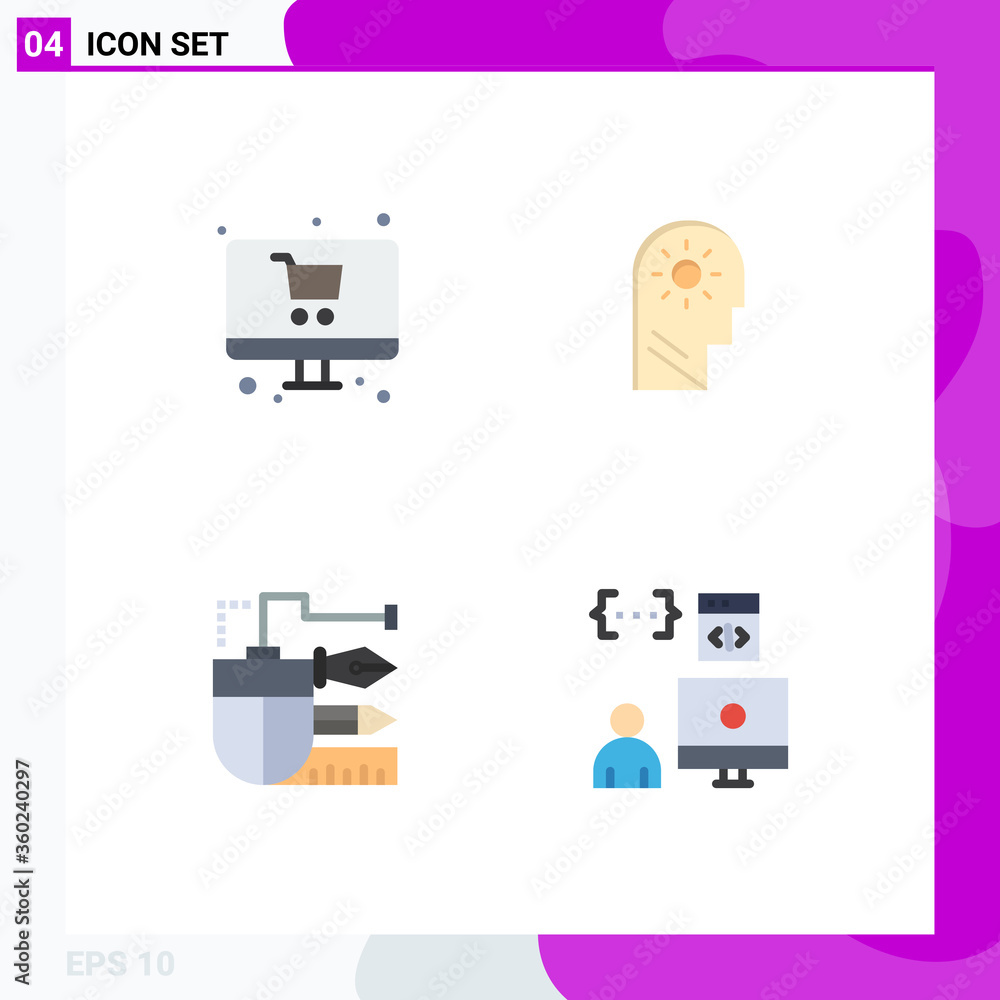 Pictogram Set of 4 Simple Flat Icons of online, drawing, monitor, mind ...