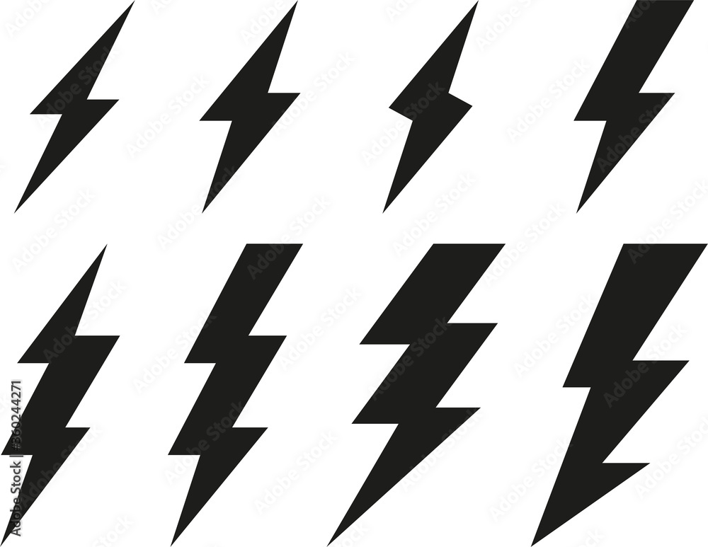 Set of lightning bolts icons. Thunderbolts isolated on white background ...