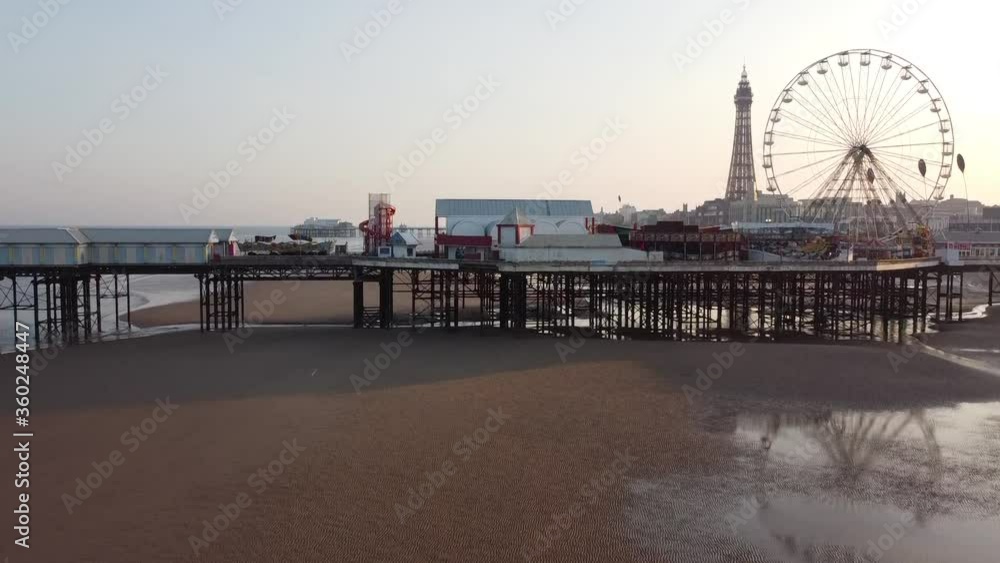 Aerial drone footage of Blackpool Town centre at dawn, the sunrises on ...