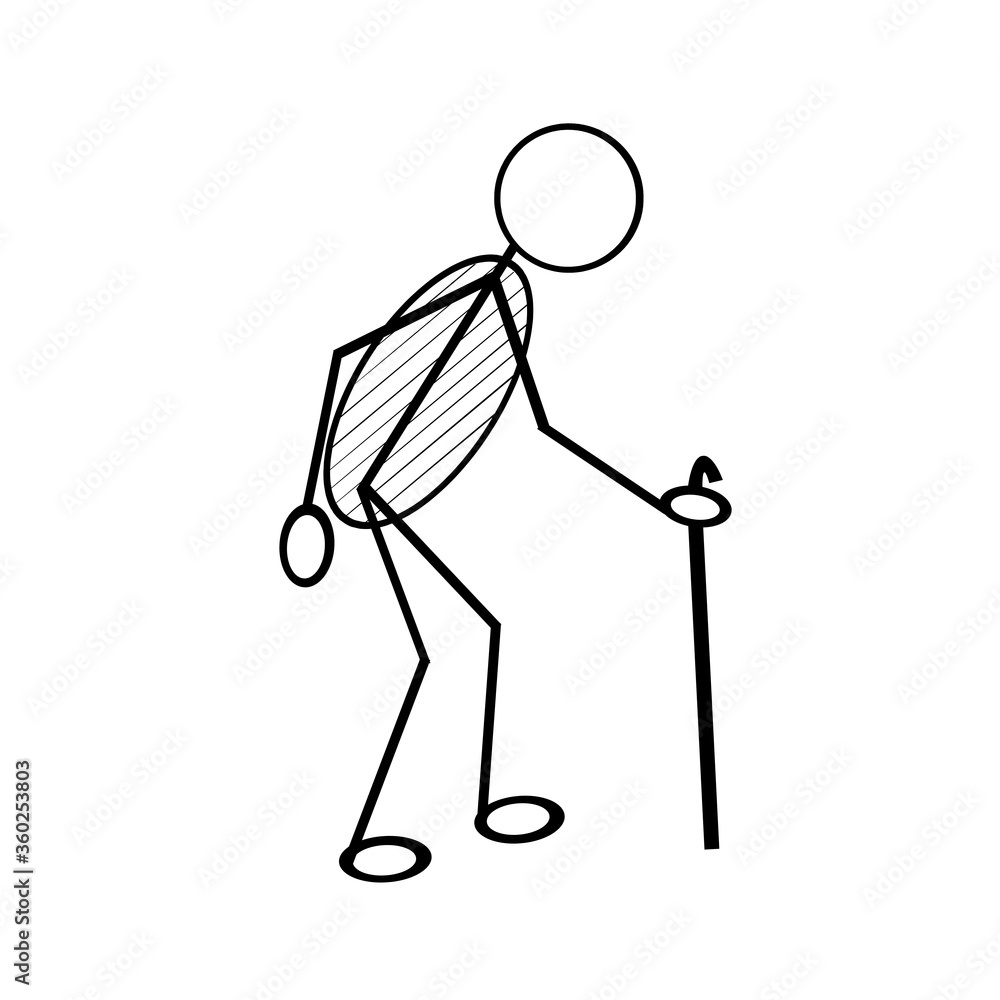 graphics illustration of old age adult with walking stick, drawing ...