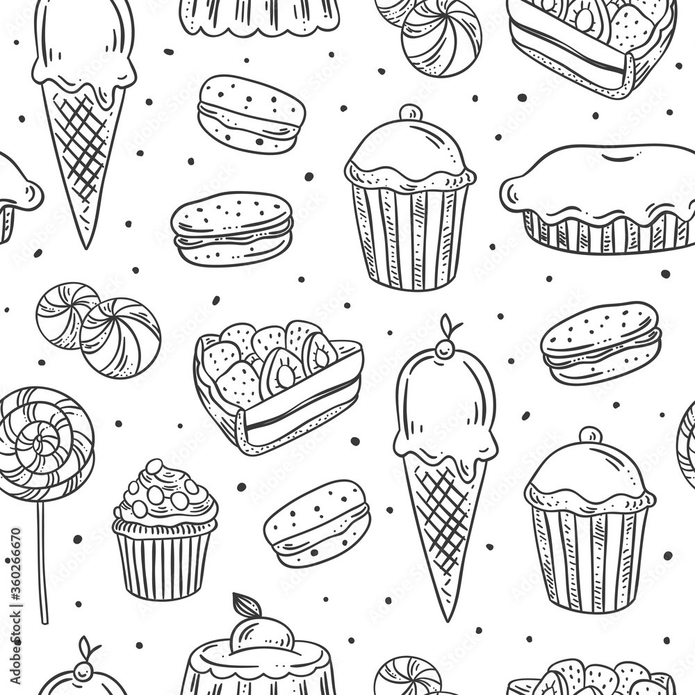 Seamless sweet pastries pattern. Vector background with outline hand ...