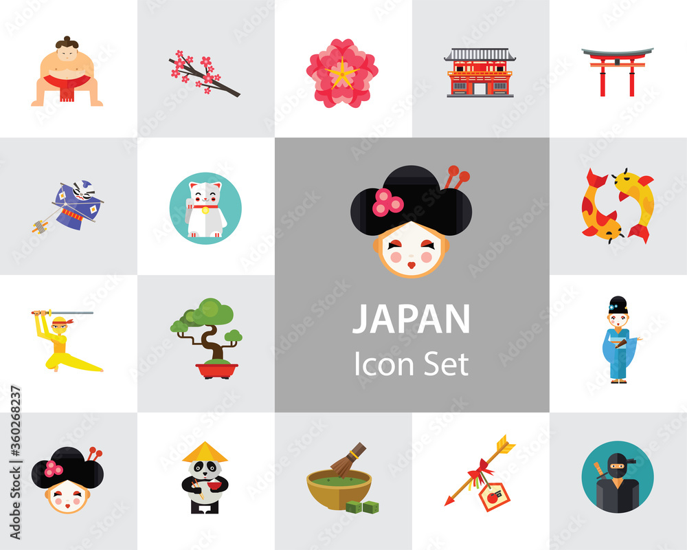 Japan Icon Set. Japanese Kite Japanese Cranes Torii Gate Bonsai Tree ...