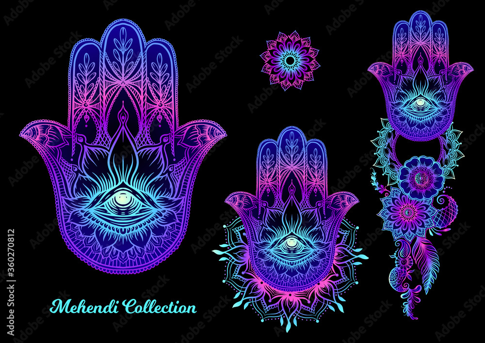 Ornate hand drawn hamsa set. Popular Arabic and Jewish amulet. Vector ...