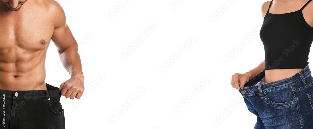 Man and woman with slim bodies on white background, closeup. Banner ...