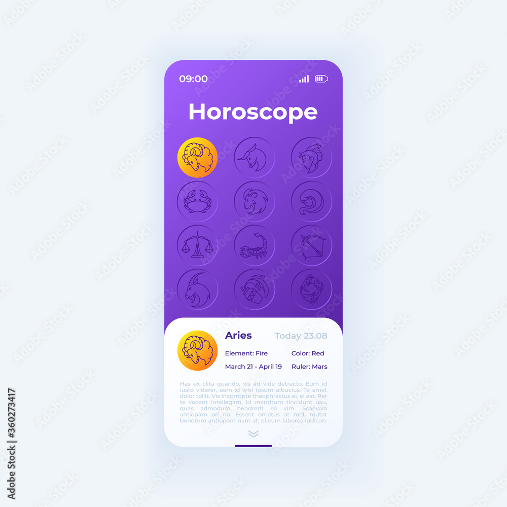 Daily horoscope app smartphone interface vector template. Mobile app ...