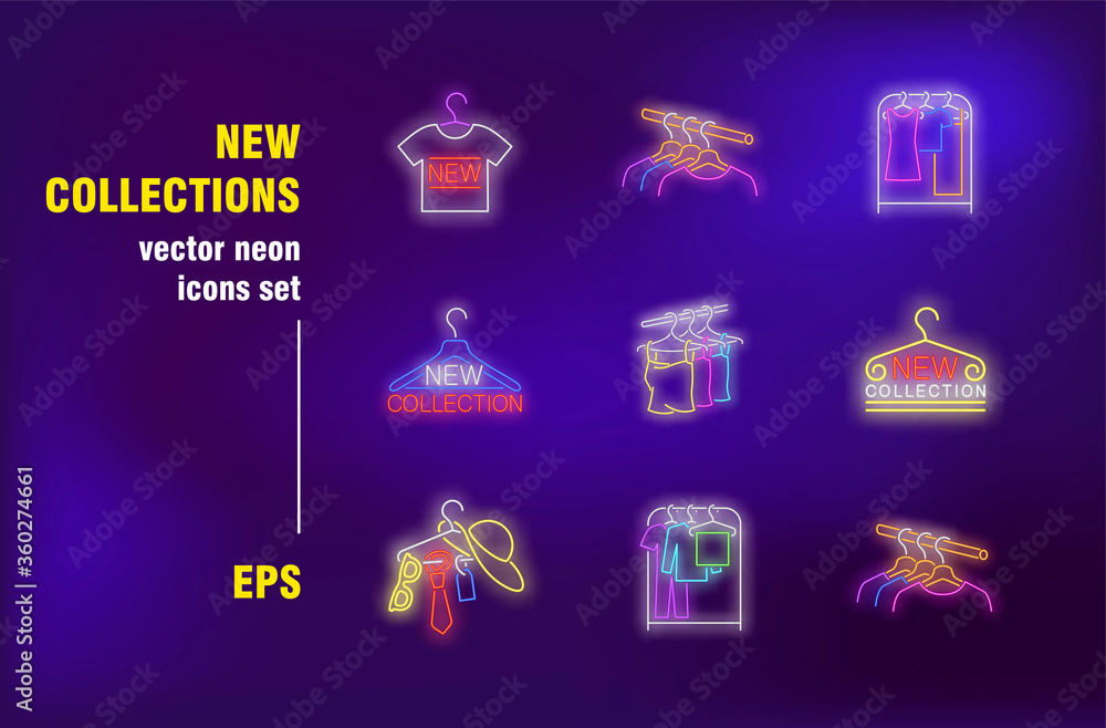 New collection neon signs set. Fashion store arrival, clothes on rack ...