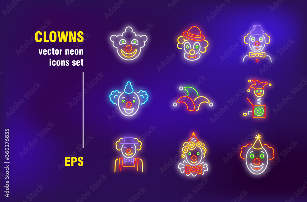 Clowns neon signs set. Performer, comic actor, scary monster, comedy ...