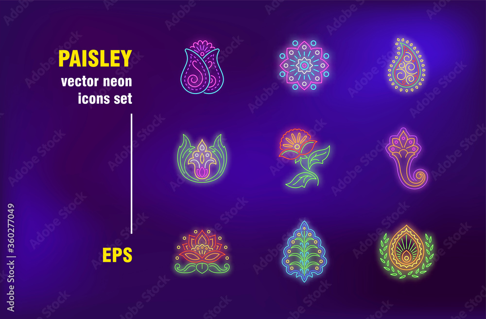 Paisley neon signs set. Flowers, ornamental pattern, Indian ethnic ...