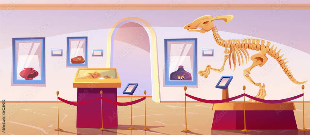 Historical museum interior with dinosaur skeleton and archeological ...