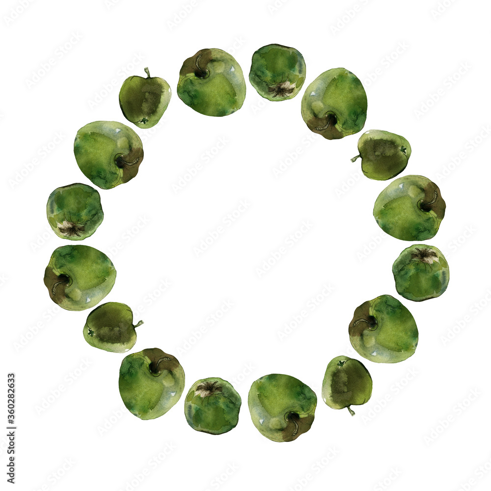 Round frame of green apples, isolated on white. Watercolour ...