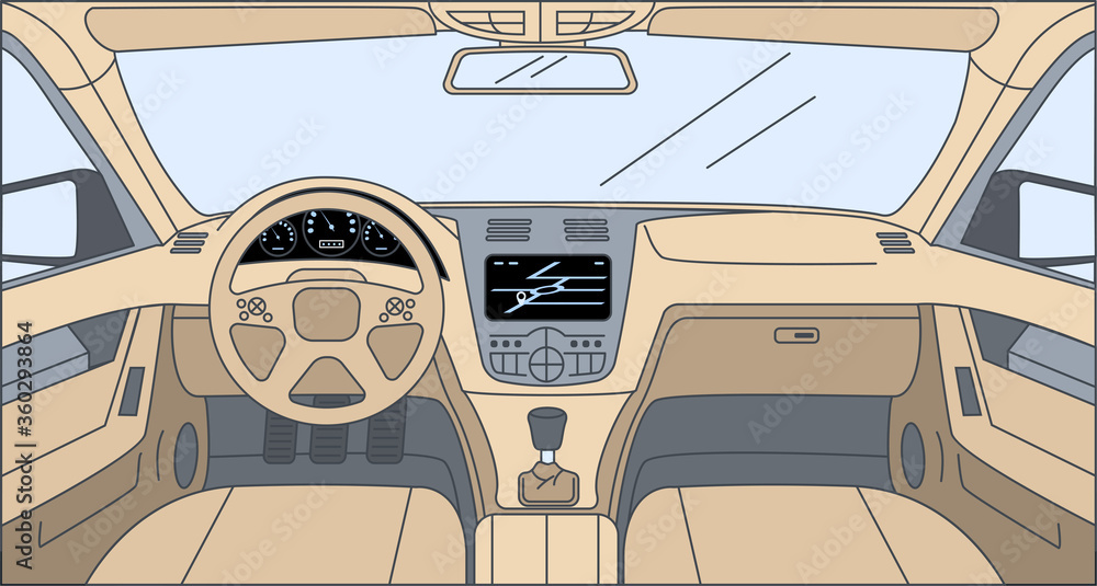 Design inside the car vector cartoon outline illustration. Driver view ...