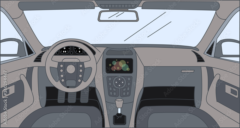 Driver front view with sensor panel, rudder, dashboard, and front panel ...