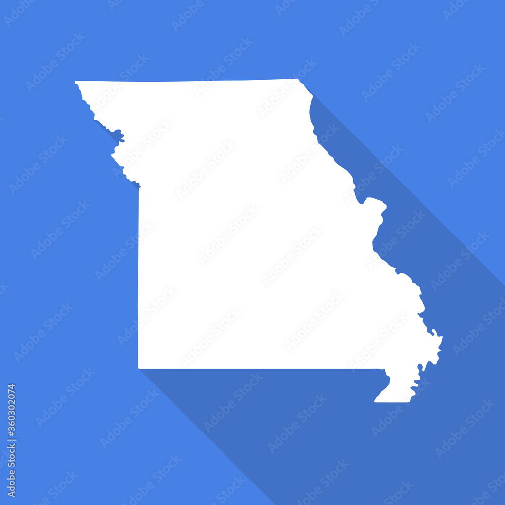Missouri white map flat simple style with long shadow on blue ...