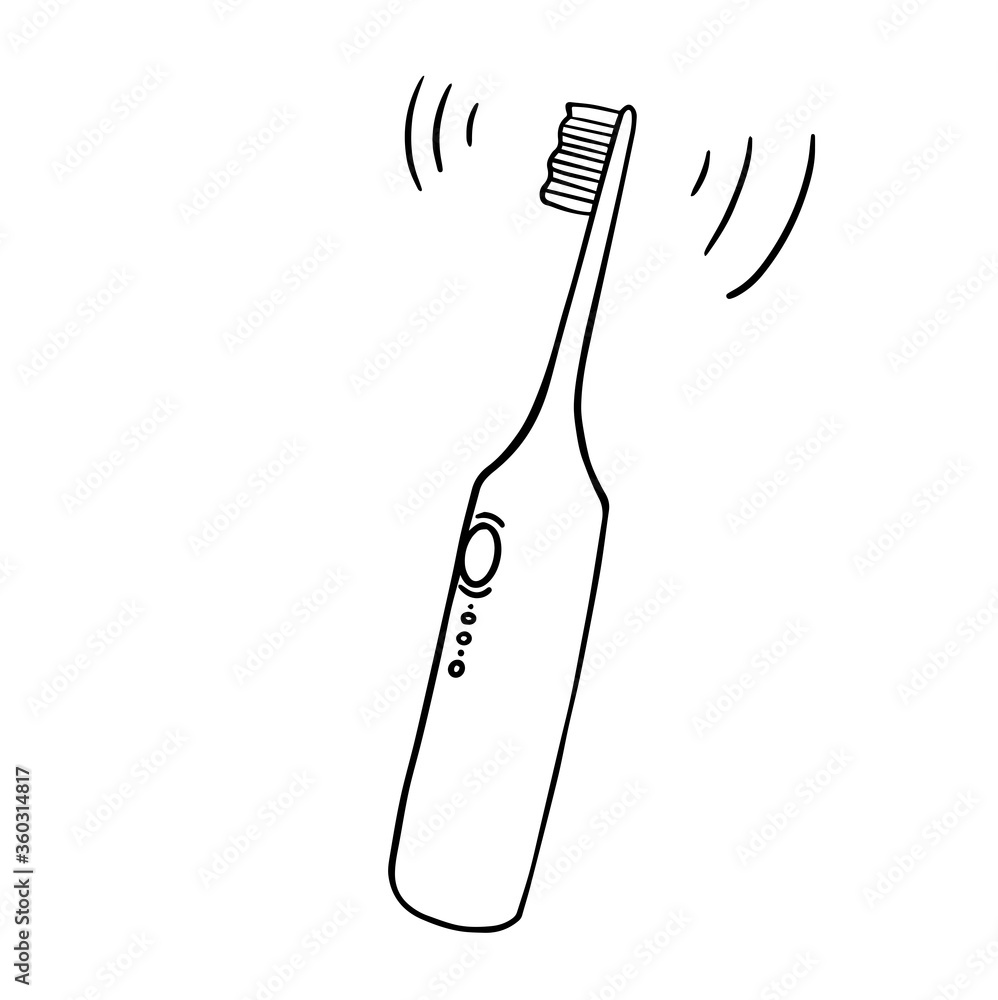 Freehand drawn black and white cartoon electric tooth brush. Individual ...
