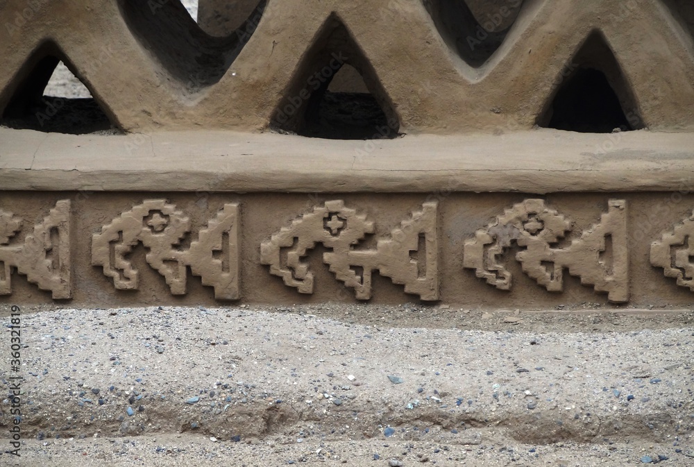 Friezes with depictions of pelicans at ancient ruins of Chan Chan ...
