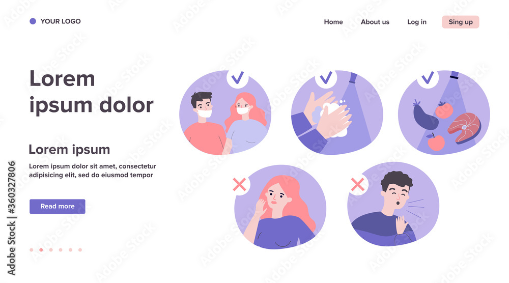 Coronavirus protection tips. People wearing masks, washing hands ...