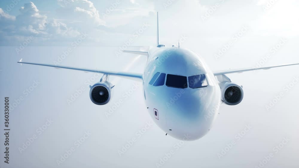 Passenger flying Plane animation. Daylight, clouds. A condensation ...