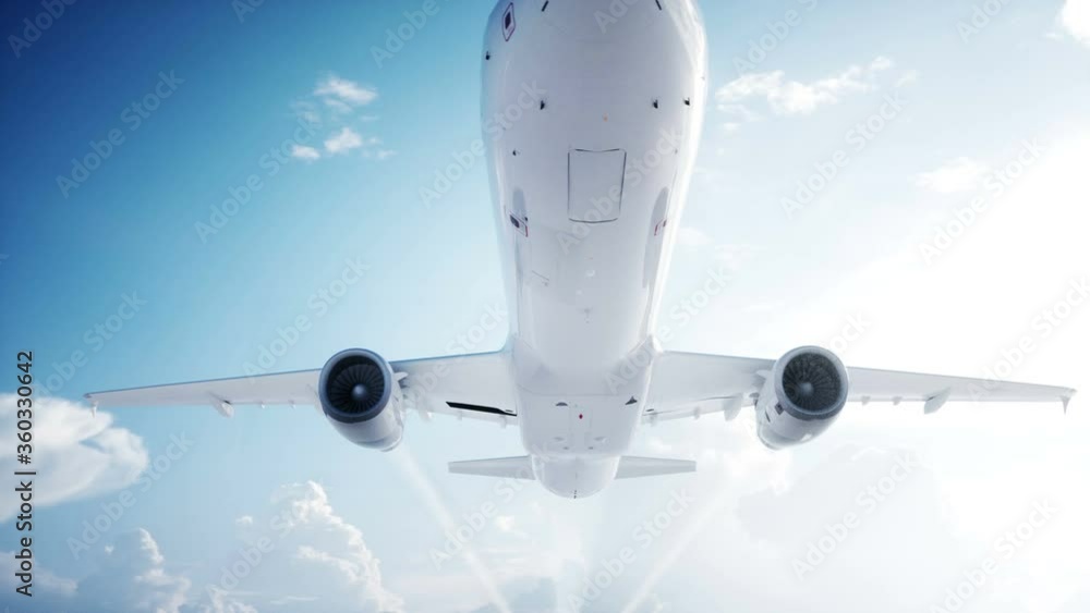 Passenger flying Plane animation. Daylight, clouds. A condensation ...