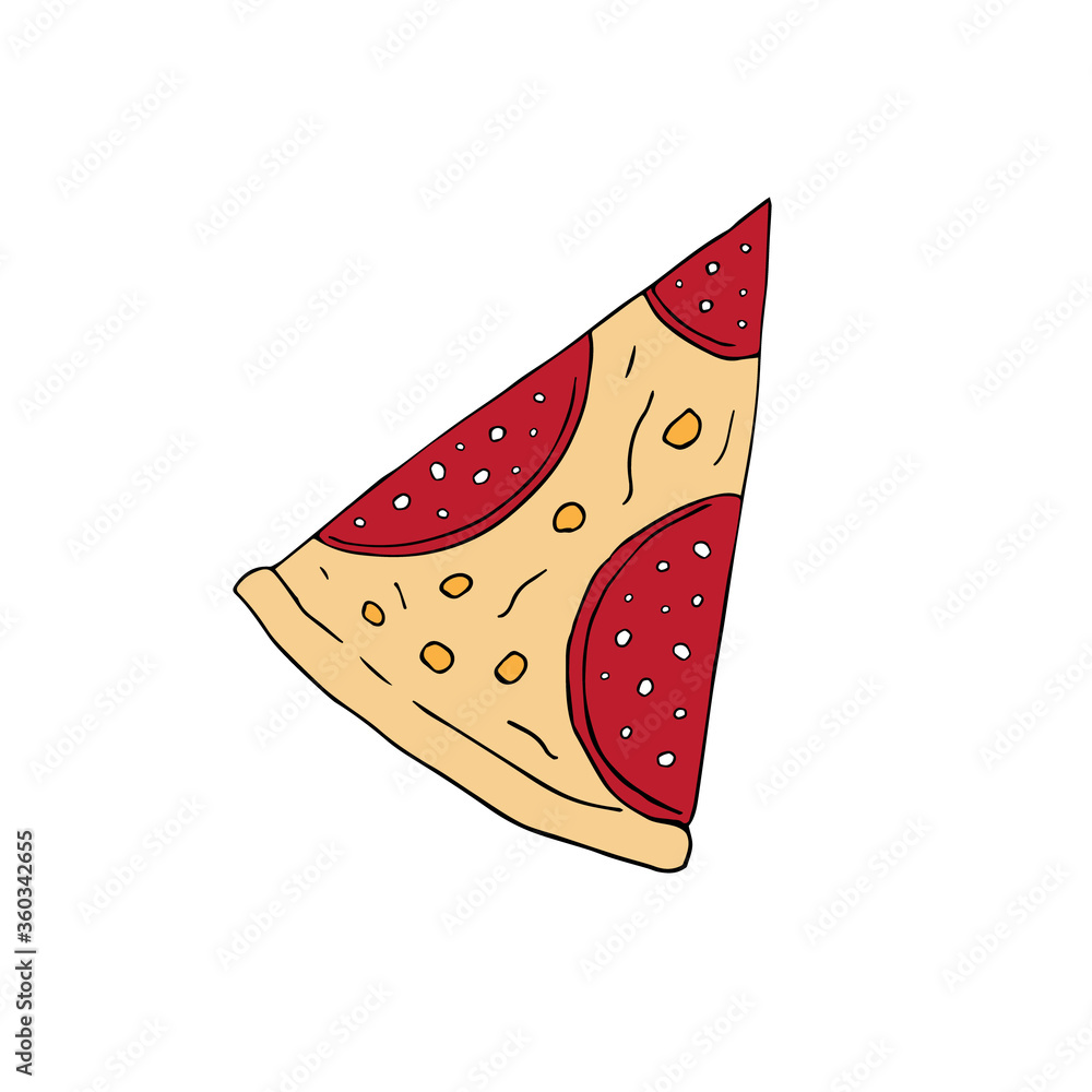 Vector hand drawn doodle sketch colored pepperoni pizza slice isolated ...