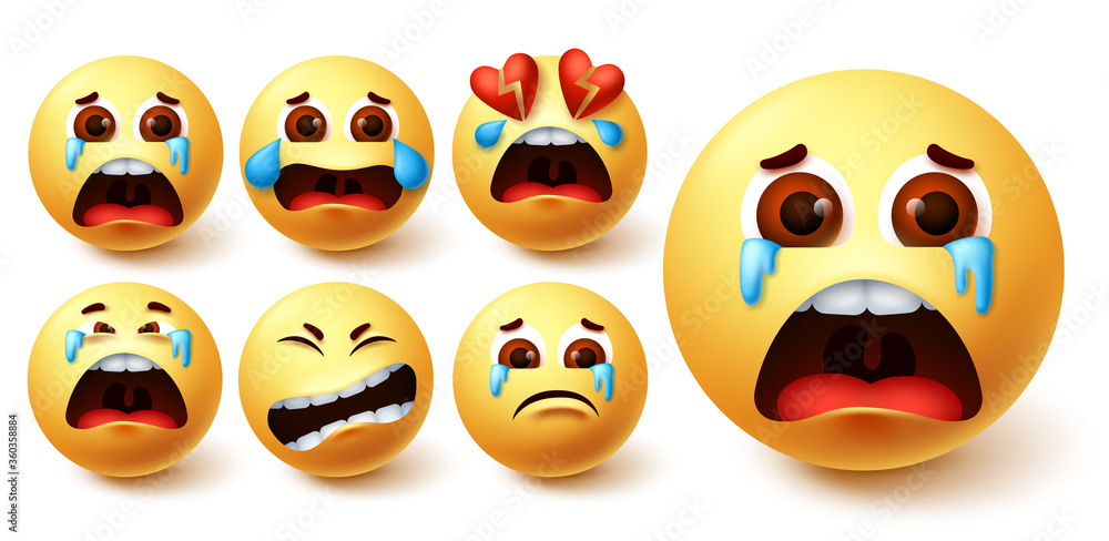Smiley emoji in tears vector set. Smileys yellow face in crying, sad ...