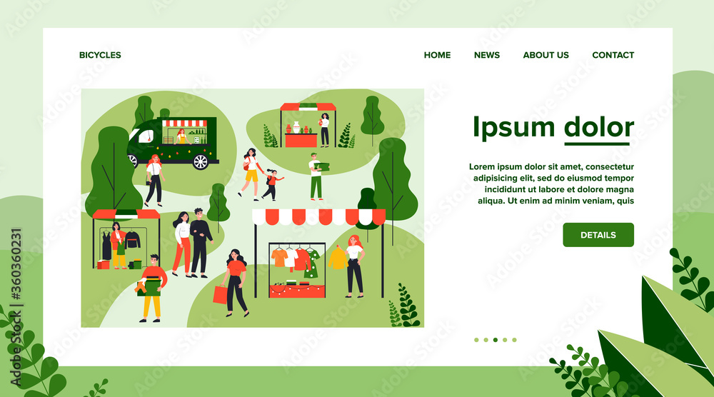 People walking in park during garage sale flat vector illustration ...