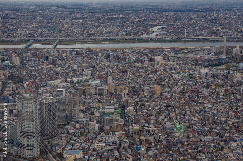 Tokyo city spreads out to the horizon at dusk, the vast metropolis as ...