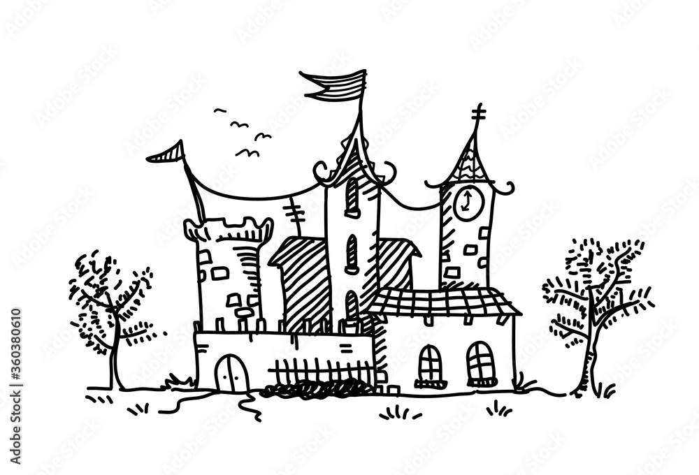 Kingdom castle doodle, a hand drawn vector doodle illustration of a ...