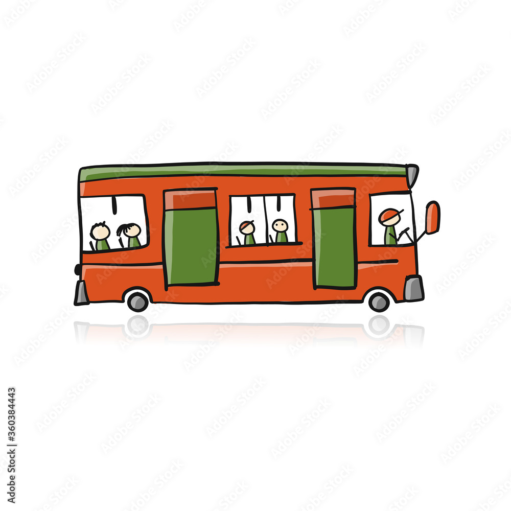 Cute cartoon hand drawn red bus icon, city transport. Sketch for your ...