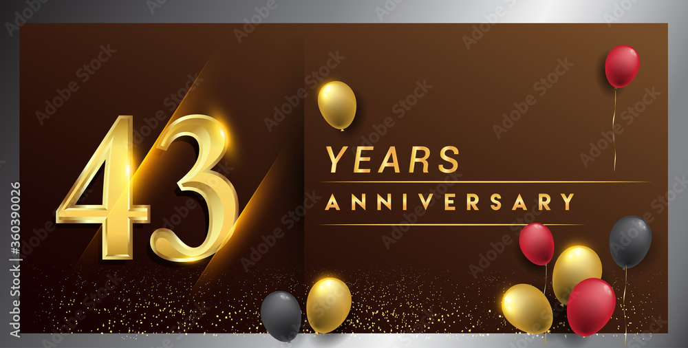 43rd years anniversary celebration logotype. anniversary logo with golden color, balloon and ...
