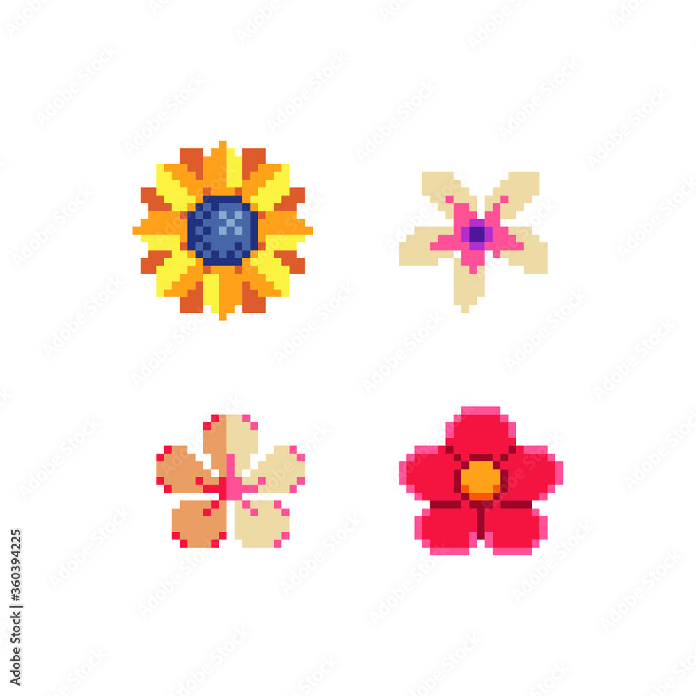 Flowers pixel art icons set, sunflower, plumeria and hawaiian flower ...