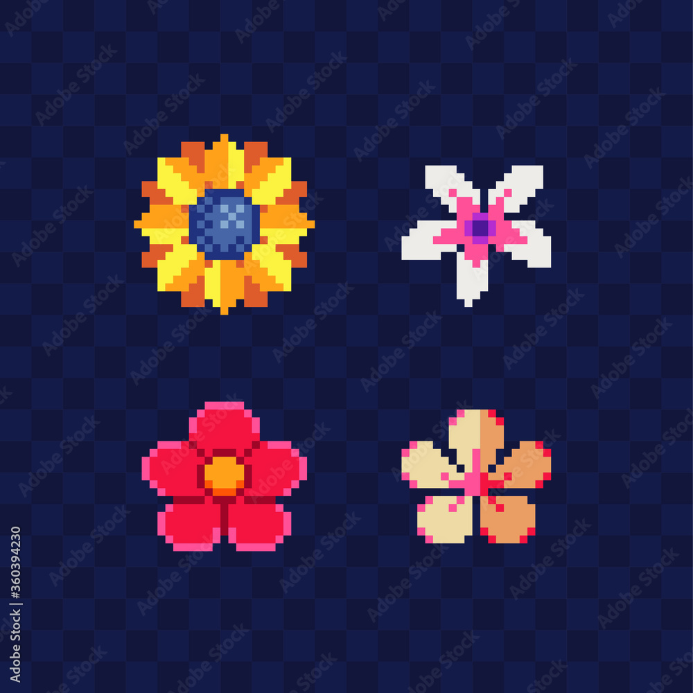Flowers pixel art icons set, sunflower, plumeria and hawaiian flower ...