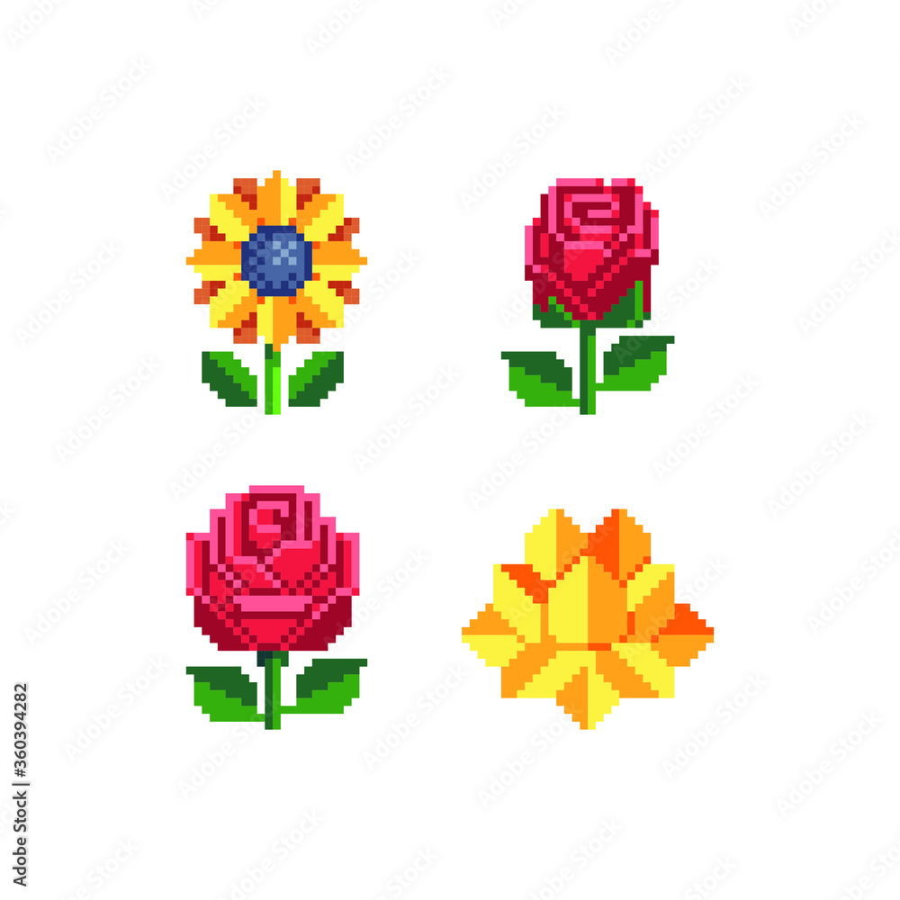 Flowers pixel art icons set, sunflower, rose and lotus. Element for the ...