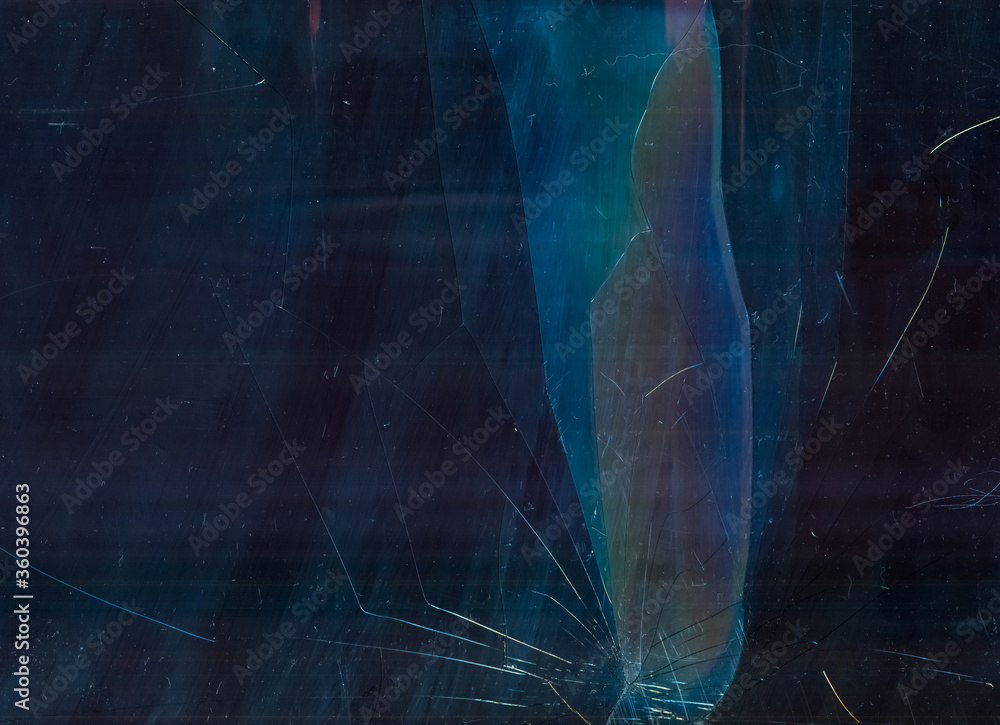 Broken screen overlay. Fractured glass texture. Teal blue damaged LCD ...