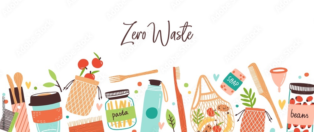 Colorful background with Zero Waste durable and reusable items or ...