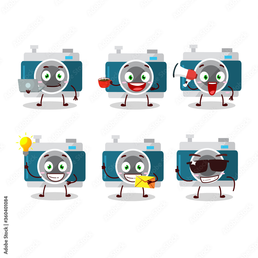 camera pocket cartoon character with various types of business ...