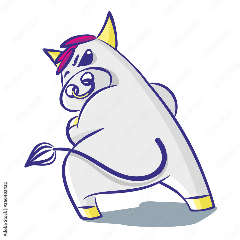 Cartoon bull stands with his back on a white background. Isolated ...